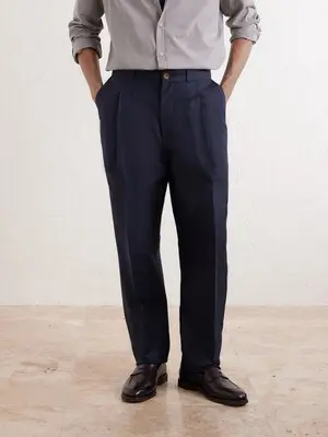 Brunello Cucinelli Tapered Pleated Cotton And Linen-blend Trousers - Blue