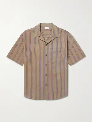 Saint Laurent Camp-collar Logo-embroidered Striped Twill Shirt - Brown