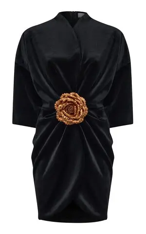 RASARIO Flower-detailed Velvet Mini Dress - Black