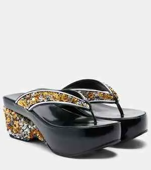 Dries Van Noten Sequined Wedge Thong Sandals - Black