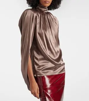 MUGLER Draped Silk-blend Satin Top - Brown