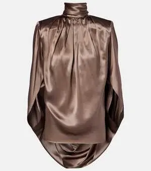 MUGLER Draped Silk-blend Satin Top - Brown