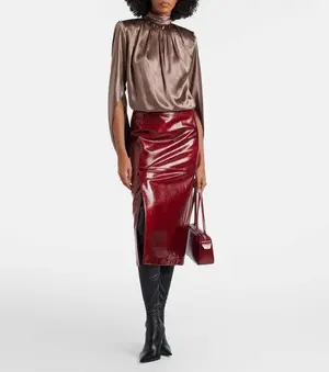 MUGLER Draped Silk-blend Satin Top - Brown