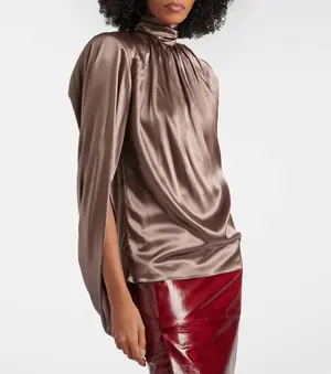 MUGLER Draped Silk-blend Satin Top - Brown