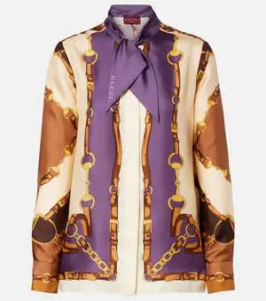 Gucci Printed Tie-neck Silk Twill Blouse