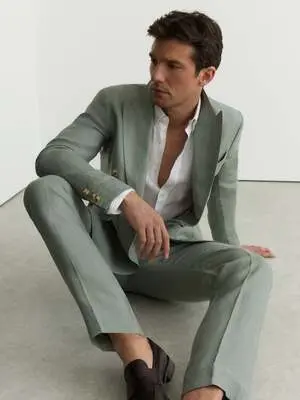 REISS Db Atlantic Db Linen-twill Double-breasted Blazer Tailored-fit - Sage