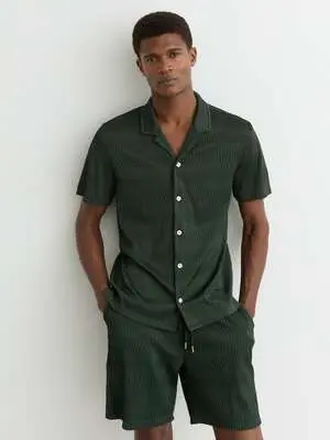REISS Aleo Textured-wave Cuban-collar Shirt - Emerald Green