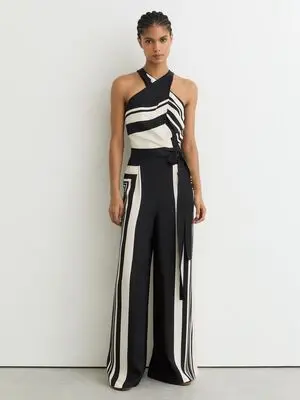 REISS Scarf-print Belted Wide-leg Jumpsuit - Black/ivory