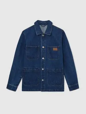REISS Dest Monogram-patch Relaxed Denim Overshirt - Mid Blue