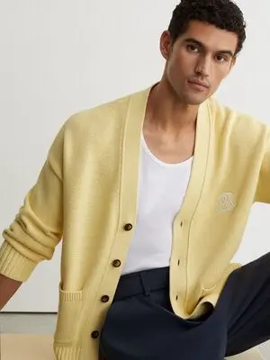 REISS Coates Monogram-embroidered Relaxed Cardigan - Powder Yellow