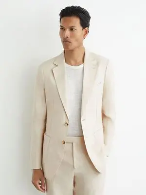 REISS Atlantic Tailored Fit Linen-twill Single-breasted Blazer Tailored-fit - Stone