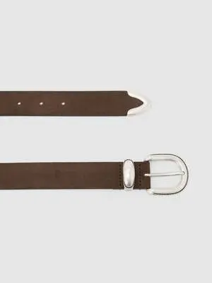 REISS Suede Western Belt - Chocolate Brown