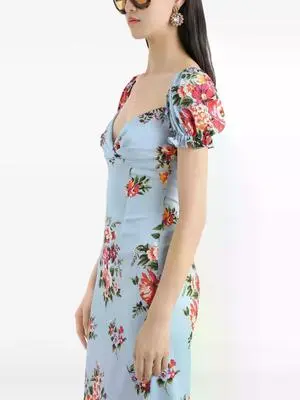 Dolce & Gabbana Floral-print Puff-sleeve Midi Dress - Blue