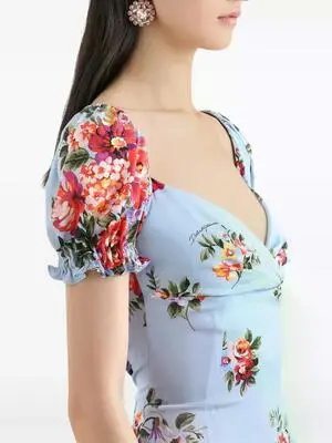 Dolce & Gabbana Floral-print Puff-sleeve Midi Dress - Blue