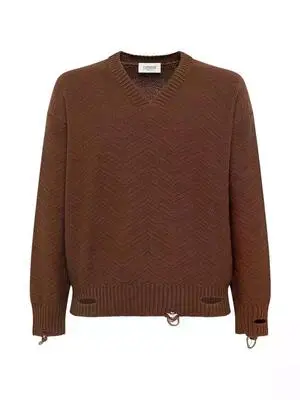 LANEUS Distressed V-neck Jumper - Brown