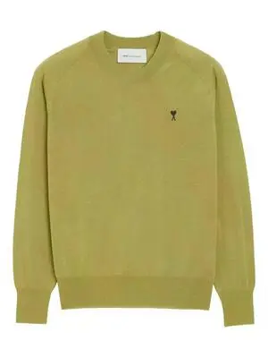 Ami Extrafine Merino Wool Crewneck Sweater With De Coeur Embroidery - Green