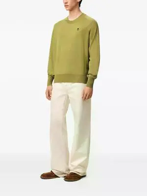 Ami Extrafine Merino Wool Crewneck Sweater With De Coeur Embroidery - Green