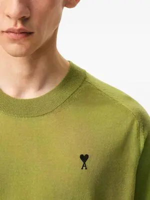Ami Extrafine Merino Wool Crewneck Sweater With De Coeur Embroidery - Green
