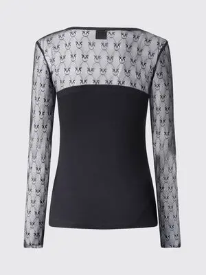 Pinko Long-sleeve T-shirt With All-over Logo Tulle Inserts