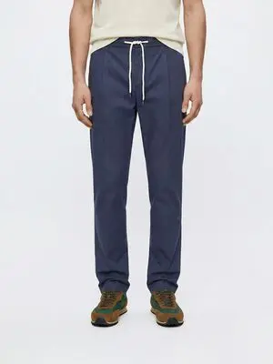 PT TORINO Slim Fit Cotton Blend Trousers With Drawstring - Blue