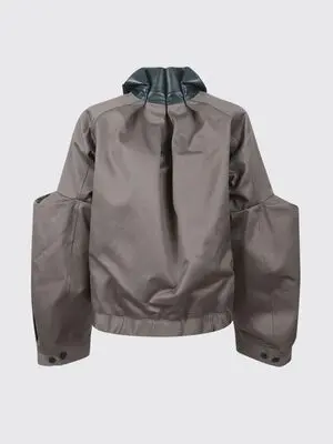 Sacai Short Cotton Shirt Jacket With Leather Collar - Grey