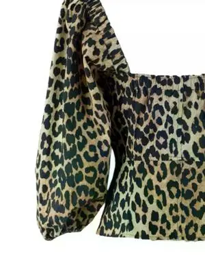 GANNI Leopard-print Puff-sleeved Top
