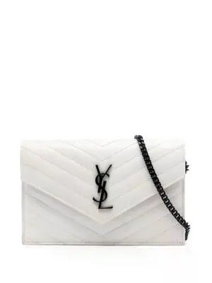 Saint Laurent 2015 Grain De Poudre Chevron Monogram Envelope Chain Wallet - White