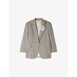 Sandro Checked Flower-brooch Wool-blend Jacket - Greige
