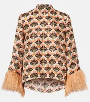La DoubleJ Feather-trimmed Silk Twill Top - Multicoloured