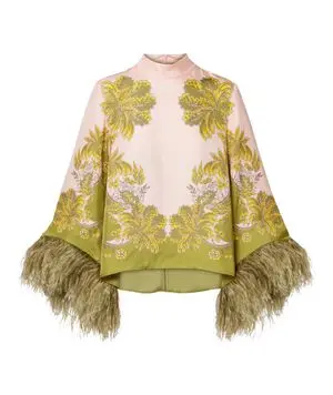 La DoubleJ Feather-trimmed Silk Twill Top - Multicoloured