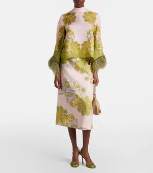 La DoubleJ Feather-trimmed Silk Twill Top