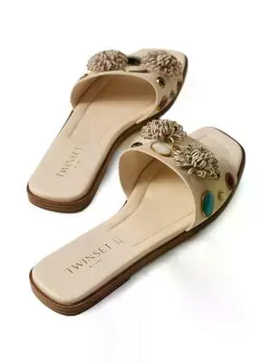 TWINSET Stone-embellished Suede Flat Sandals - Neutrals