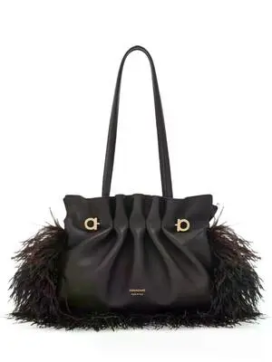 FERRAGAMO Nappa Leather Feather Trim Soft Bag