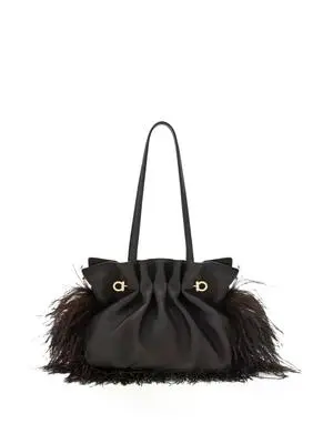 FERRAGAMO Nappa Leather Feather Trim Soft Bag