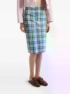 Prada Plaid Cotton Pencil Skirt - Blue