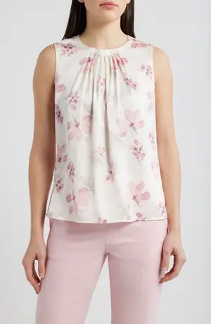 Anne Klein Print Sleeveless Pleat Top - White Dove Multi