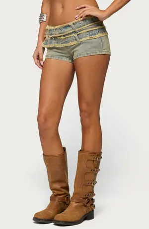EDIKTED Alyza Distressed Belted Denim Shorts