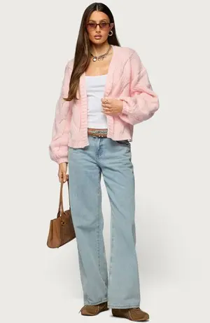 EDIKTED Braiden Chunky Cable Open Cardigan - Pink