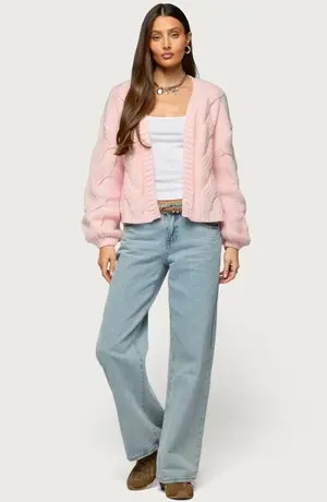 EDIKTED Braiden Chunky Cable Open Cardigan - Pink