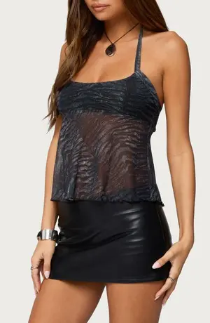 EDIKTED Tiger Print Mesh Halter Top - Dark-gray