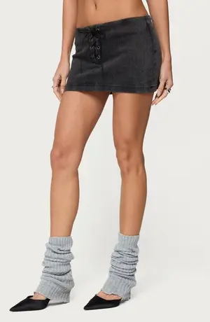 EDIKTED Lace Up Denim Mini Skirt