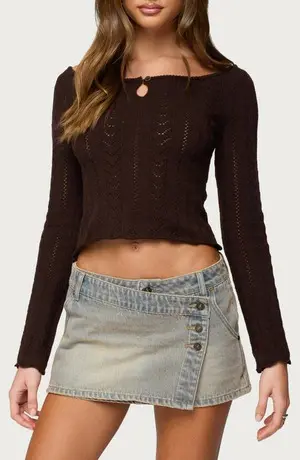 EDIKTED Khari Pointelle Wide Neck Long Sleeve Crop Top - Brown
