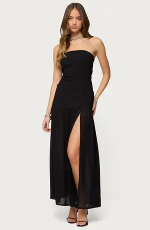 EDIKTED Strapless Mixed Media Maxi Dress