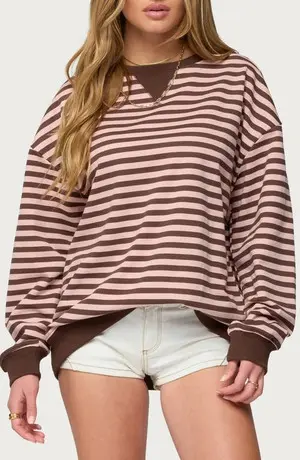 EDIKTED Onda Stripe Oversize Sweatshirt - Brown-and-pink