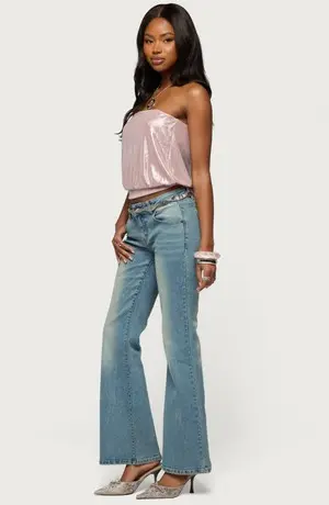 EDIKTED Leira Shimmer Strapless Blouson Top - Pink