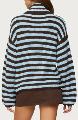 EDIKTED Striped Mock Neck Zip Sweater