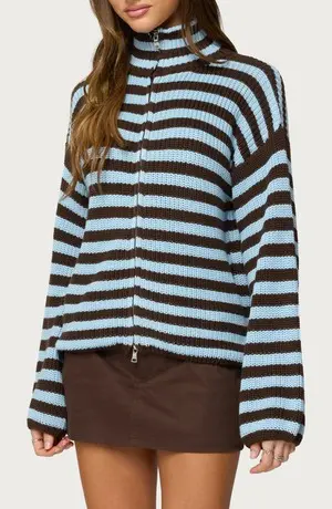 EDIKTED Striped Mock Neck Zip Sweater