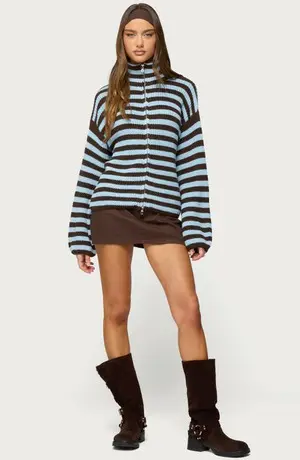 EDIKTED Striped Mock Neck Zip Sweater