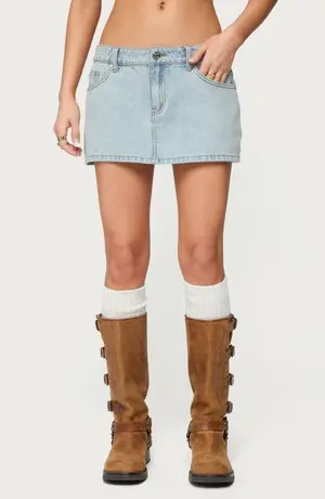 EDIKTED Chiara Low Rise Denim Miniskirt - Light-blue