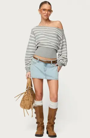EDIKTED Chiara Low Rise Denim Miniskirt - Light-blue